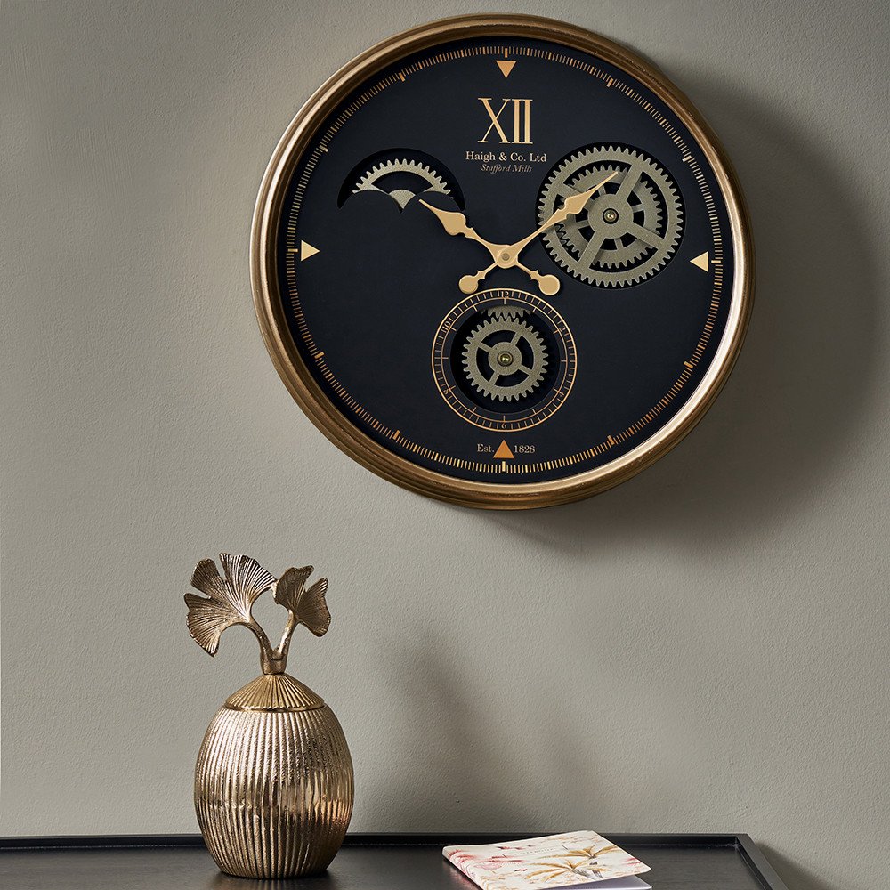 Black and Champagne Metal Working Cog Wall Clock - London Lounge